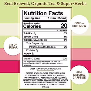 SKINTE Collagen Sparkling Tea Organic Green Tea with Grapefruit | 12 oz (Pack of 12) | Antioxidants and Vitamin C | 3000mg Collagen Peptides | Benefits Skin, Mood and Immunity | Zero Added Sugar