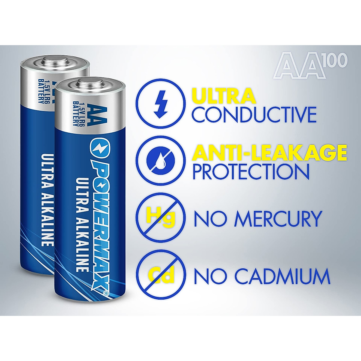 Powermax 100-Count AA Batteries, Ultra Long Lasting Alkaline Battery, 10-Year Shelf Life, Reclosable Packaging
