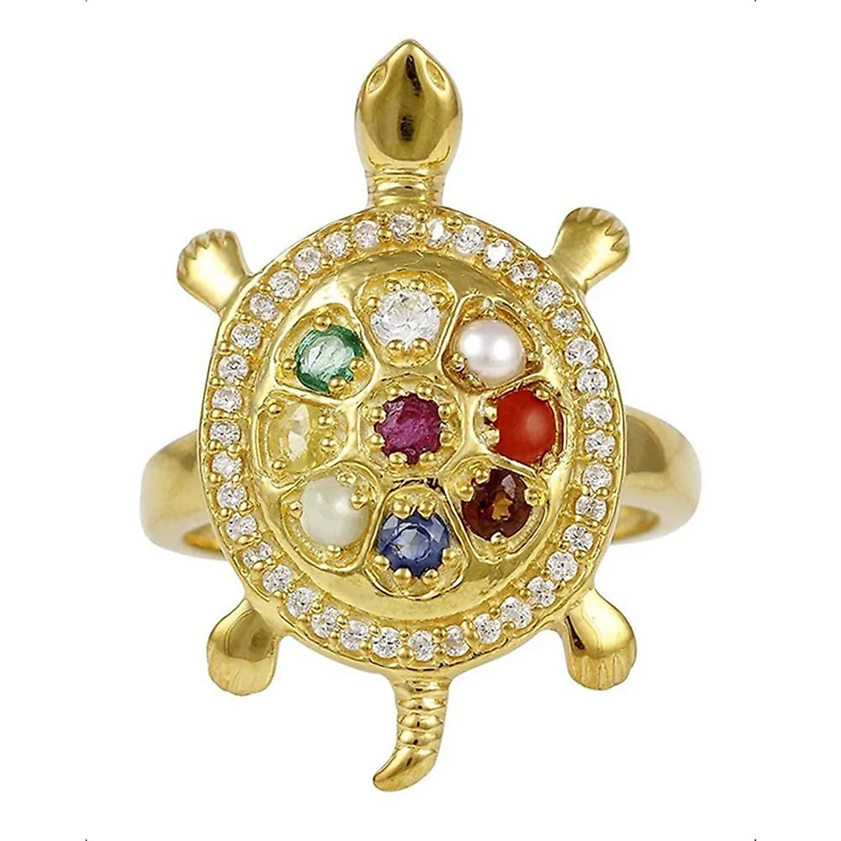 Tortoise Ring For Man And Women With American Diamonds and 9 Gemstone Sterling Silver Handmade Comfortable Ideal Gift Item (Size 6 To 16 Us) By GARVIT COLLECTIONS