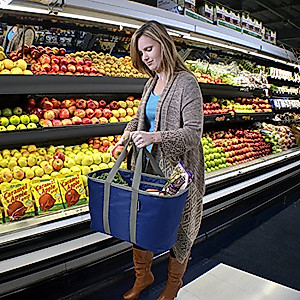 CleverMade EcoBasket 30 Liter Reusable Tote Bag with Reinforced Bottom: Collapsible Grocery Shopping Basket, Blue/Grey, 3 Pack