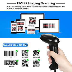 WoneNice USB Wired 1D 2D Barcode Scanner, Automatic Square QR Code Scanner for Computer POS Screen Scaning, Handheld CMOS Image Bar Code Reader for Retail Store Warehouse Library Supermarket, Black
