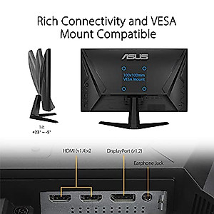 ASUS TUF Gaming 23.8” 1080P Monitor (VG249Q1A) - Full HD, IPS, 165Hz (Supports 144Hz), 1ms, Extreme Low Motion Blur, Speaker, FreeSync™ Premium, Shadow Boost, VESA Mountable, DisplayPort, HDMI,BLACK