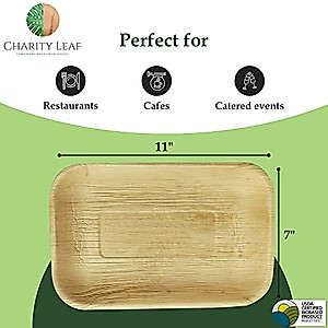 Charity Leaf Disposable Palm Leaf 11" x 7" Trays (25 Pieces) Bamboo Like Serving Platters, Disposable Boards, Eco-Friendly Dinnerware for Weddings, Catering, Events