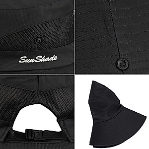Women's Outdoor UV-Protection-Foldable Sun-Hats Mesh Wide-Brim Beach Fishing Hat with Ponytail-Hole (Black)