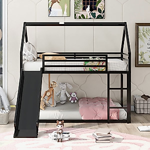 Harper & Bright Designs Twin over Twin House Bunk Bed with Slide and Ladder, Metal Low Bunk Bed Frame for Kids Girls Boys - Black