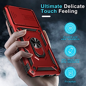 Janmitta Compatible with Galaxy A23 5G/4G Case Built in Slide Camera Lens Cover+Screen Protector,Heavy Duty Shockproof Full Body Cover,Built in Finger Ring Stable Holder Kickstand,2022 Red