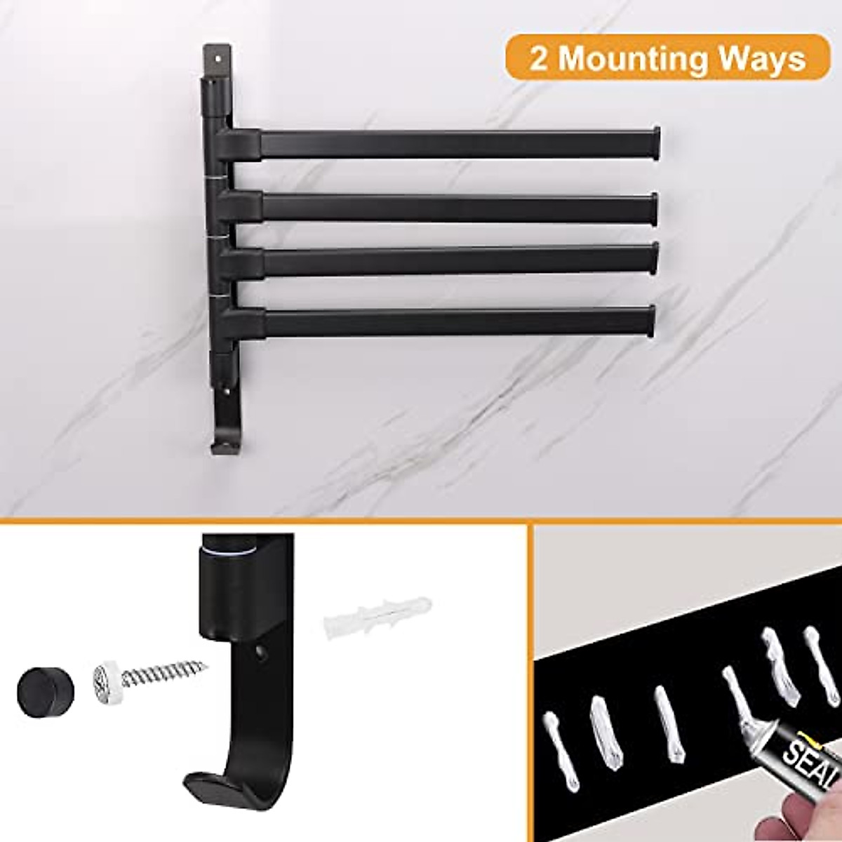 TocTen Swivel Towel Rack, Rustproof and Durable Space Saving Towel Hanger, Towel Bar Swing Out 180° Rotation, Wall Mounted/Glue Mounted Towel Rod with Hook for Bathroom, Kitchen (4-Arm, Black)