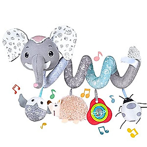 Koty Car Seat Toys, Infant Baby Spiral Plush Activity Hanging Toy for Stroller Bar Pram Crib with Music Box BB Squeaker & Rattles(Grey Elephant)