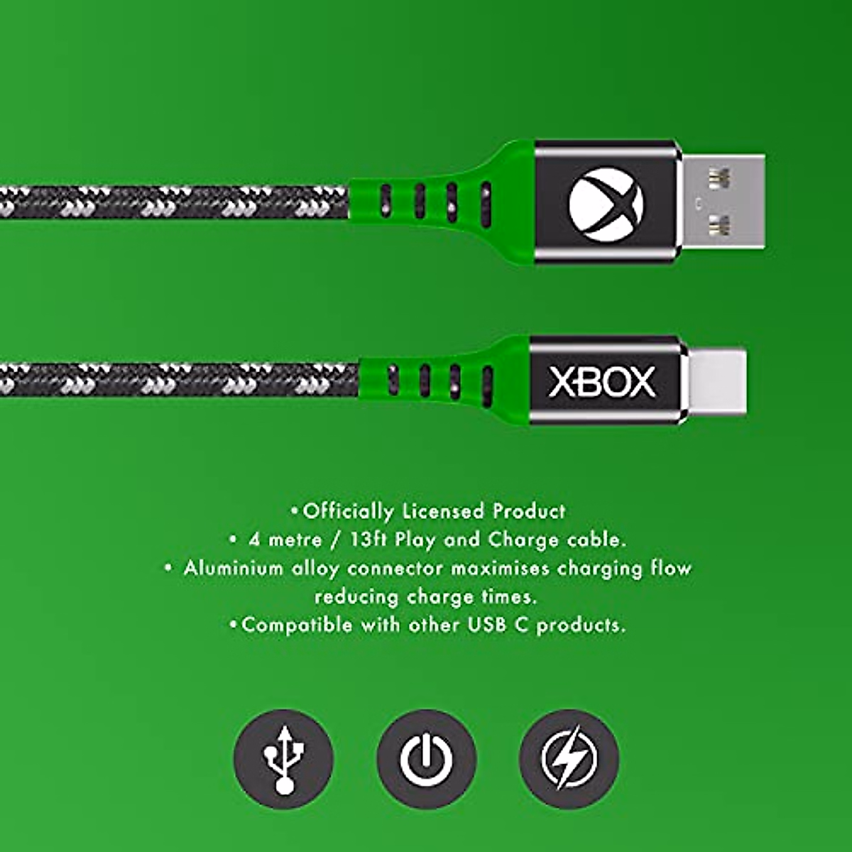 Numskull Official Xbox Series X USB Type-C Nylon Braided Charging Cable 4m - Fast Charging Play and Charge Lead - Compatible with Nintendo Switch, Xbox Series S, PS5, (NS2406)