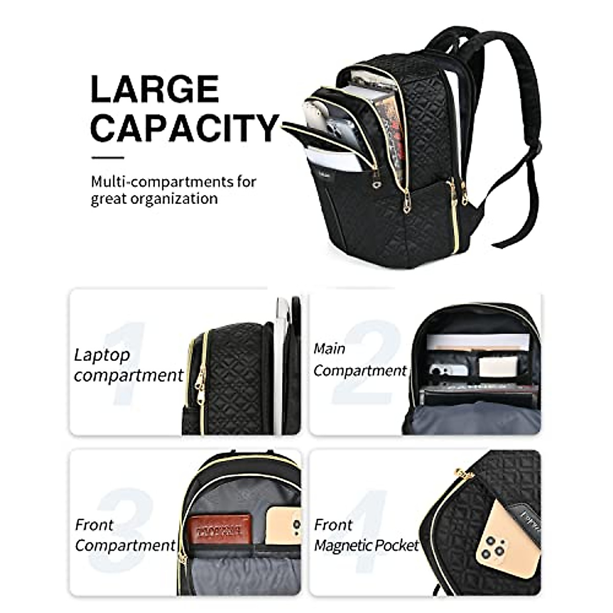 BRINCH Small Backpack for Women, Fashion Backpack Purse Black Shoulder Bag with Multi-pocket Lightweight Small Travel Backpack Casual Daily Daypack for Ladies Teen Girls