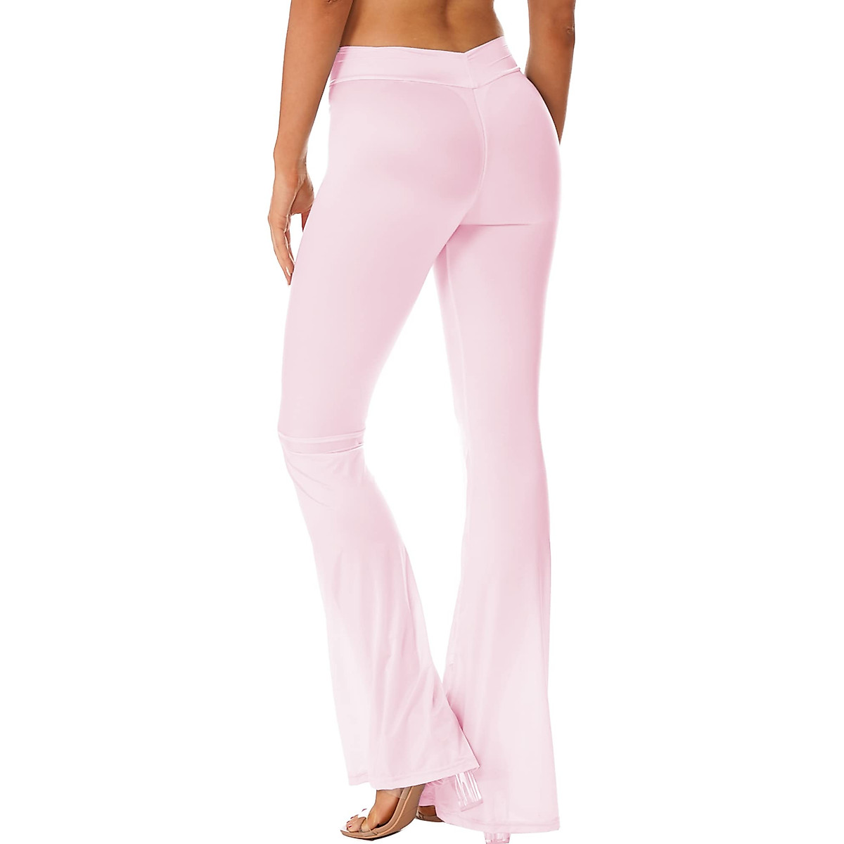 Jhaoyu Women Semi See-Through Zipper Crotch Flare Yoga Pants High Waisted Bootcut Wide Leg Workout Leggings Pink One Size