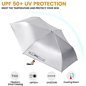 G4Free UPF 50+ UV Protection Travel Umbrella with Wooden Handle, 42 Inch Lightweight Sun Rain Folding Umbrellas Auto Open Close (Blue)