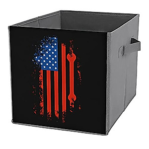 Vintage Mechanic USA Flag Collapsible Storage Bins Cubes Organizer Trendy Fabric Storage Boxes Inserts Cube Drawers 11 Inch