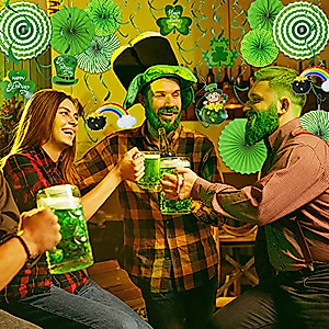 TURNMEON 42 Pack St. Patrick's Day Party Decorations Green Paper Fans Hanging Ceiling Foil Swirls Lucky Shamrocks Clover Leprechaun Cutout St.Patrick's Day Decorations Indoor Home Irish Party Supplies