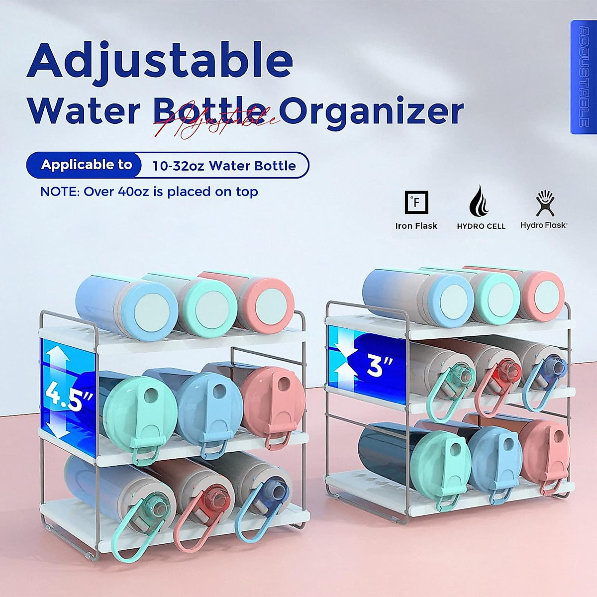 Water Bottle Organizer for Cabinet, 3-Shelf Expandable & Height Adjustable Storage Rack for Kitchen Cabinets Pantry, Tumbler Organizer for Cups with Straws, Holds 15 Bottles (Powder Blue)