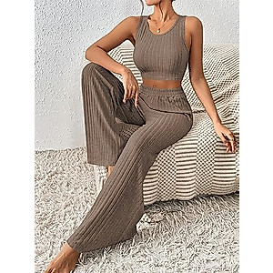 ZAFUL Women Two Piece Pajamas Set Solid Ribbed Knit Crop Tank Top Wide Leg Pants Loungewear Set