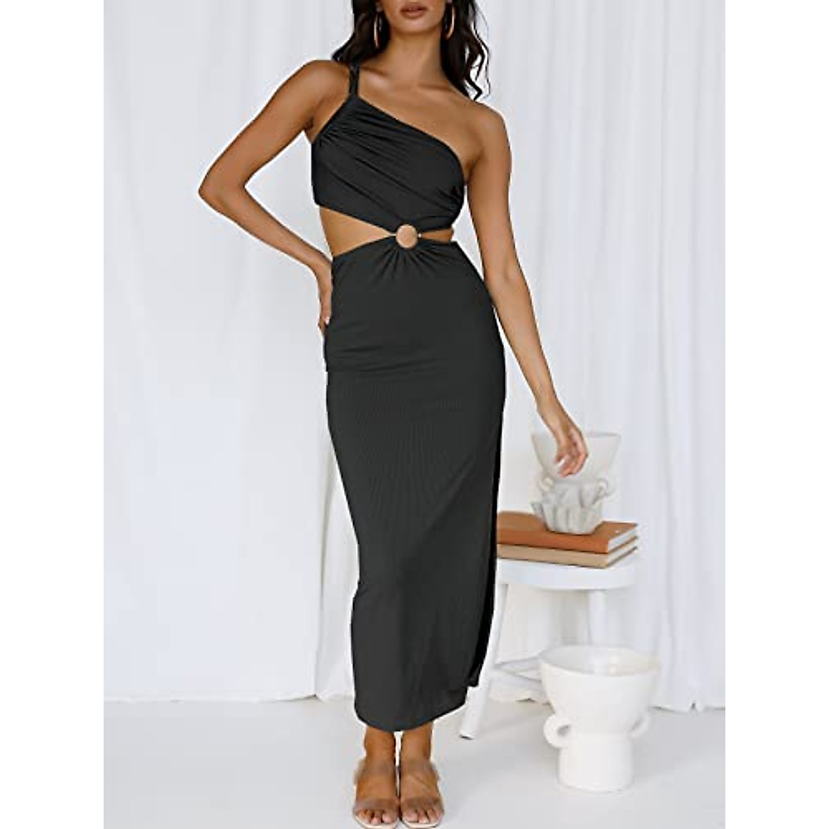 ANRABESS Women’s Summer Sexy Bodycon Maxi Gradution Dress 2023 Prom Dresses One Shoulder Sleeveless Sexy Cut Out Formal Cocktail Party Dress 765heise-L Black