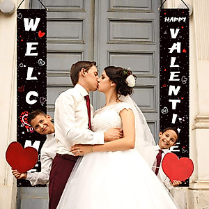 Whaline Valentines Porch Sign, Welcome and Happy Valentines Day Hanging Banners for Holiday Home Indoor Outdoor Porch Wall Valentine's Day Decoration (Black)