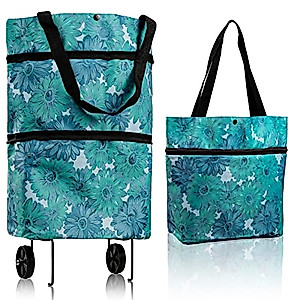 Foldable Shopping Bag with Wheels, Collapsible Portable Trolley Bags, Tote Grocery Bags Shopping Cart