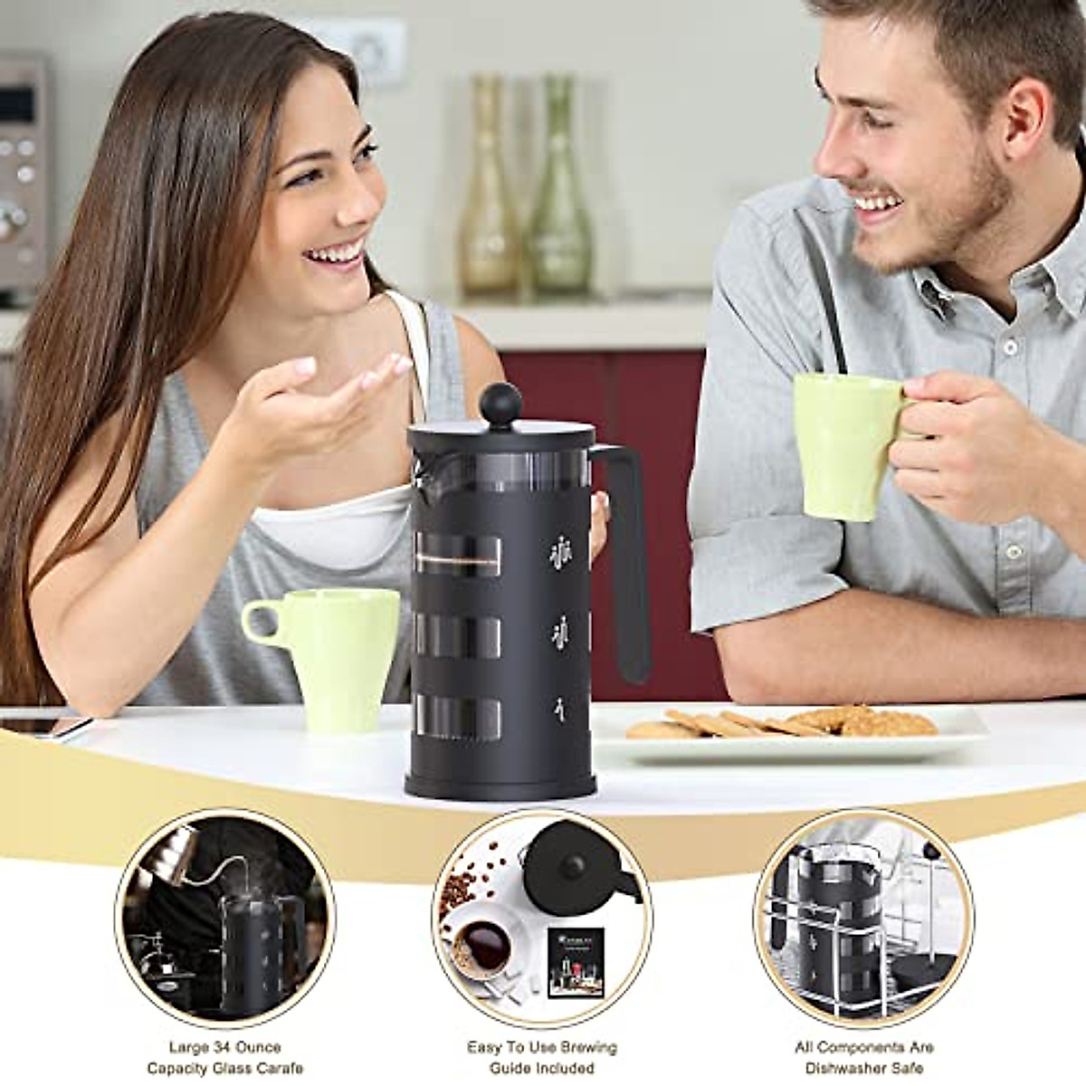 LapEasy French Press Coffee Maker, 34 Ounce (1000 ml) Thickened Borosilicate Glass Camping Coffee Makers with 3 Filter Screens, Coffee Press Dishwasher Safe, for 8 CUP