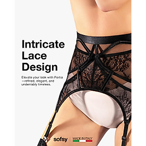 sofsy Retro Black Garter Belt Women Sexy | Lace Mesh High Waist Lingerie with 4-Strap Metal Clips for Thigh High Stockings Set - Large