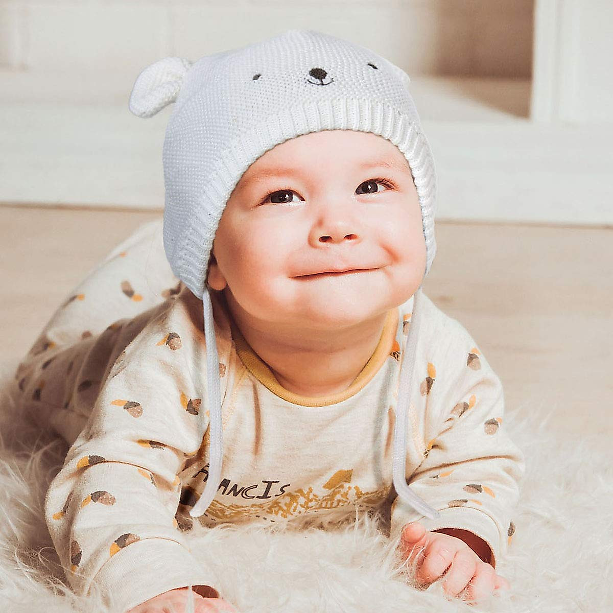 SOMALER Baby Knitted Winter Hats Infant Newborn Toddler Autumn Cute Earflap Cotton Lined Beanie Hat for Boys Girls Off-White