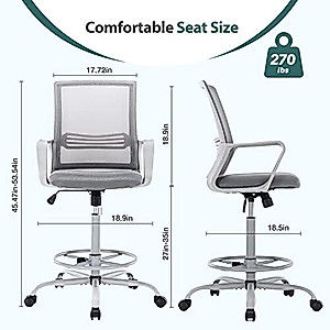 SMUG, Ergonomic Tall Standing Desk Adjustable Foot Ring Drafting Stool Counter Height Office Chairs, Grey