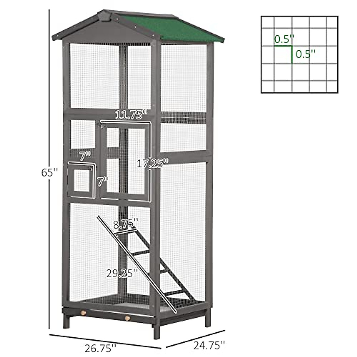 PawHut 65" Wooden Bird Cage Outdoor Aviary House for Parrot, Parakeet, with Pull Out Tray and 2 Doors, Grey