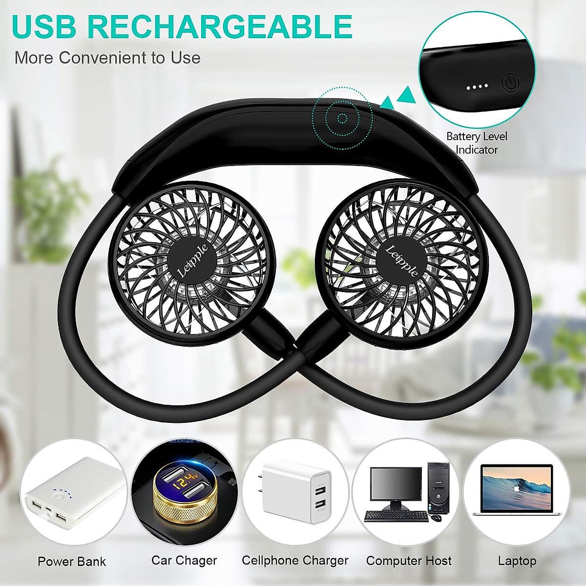 Leipple Neck Fan Portable - 5000 mAh USB Fan Sport Fan with 6 Speeds, Rechargeable Design - Handfree Wearable Personal Neckband Fan can Lasts for 26h for Travel,Office