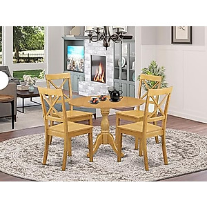 East West Furniture DMBO5-OAK-W 5 Piece Kitchen Table & Chairs Set Includes a Round Dining Table with Dropleaf and 4 Dining Room Chairs, 42x42 Inch, Oak