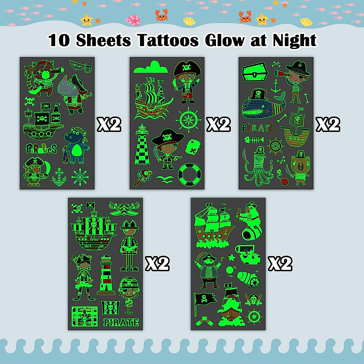 Cerlaza 100 Styles Luminous Pirate Party Supplies, Pirate Temporary Tattoos for Kids Birthday Party Favors Decorations, Fake Pirate Tattoos Stickers Accessories for Boys and Girls Toddlers Body Makeup