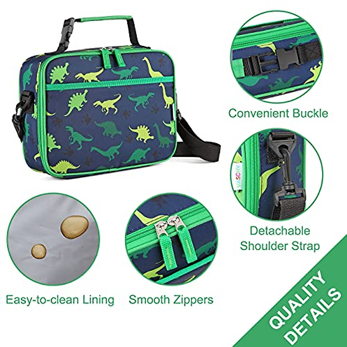 VASCHY Lunch Box Bag for Kids, Reusable Insulated Lunch Box Containers Coolers for Toddler Boys and Girls with Detachable Shoulder Strap for Daycare School Dinosaurs