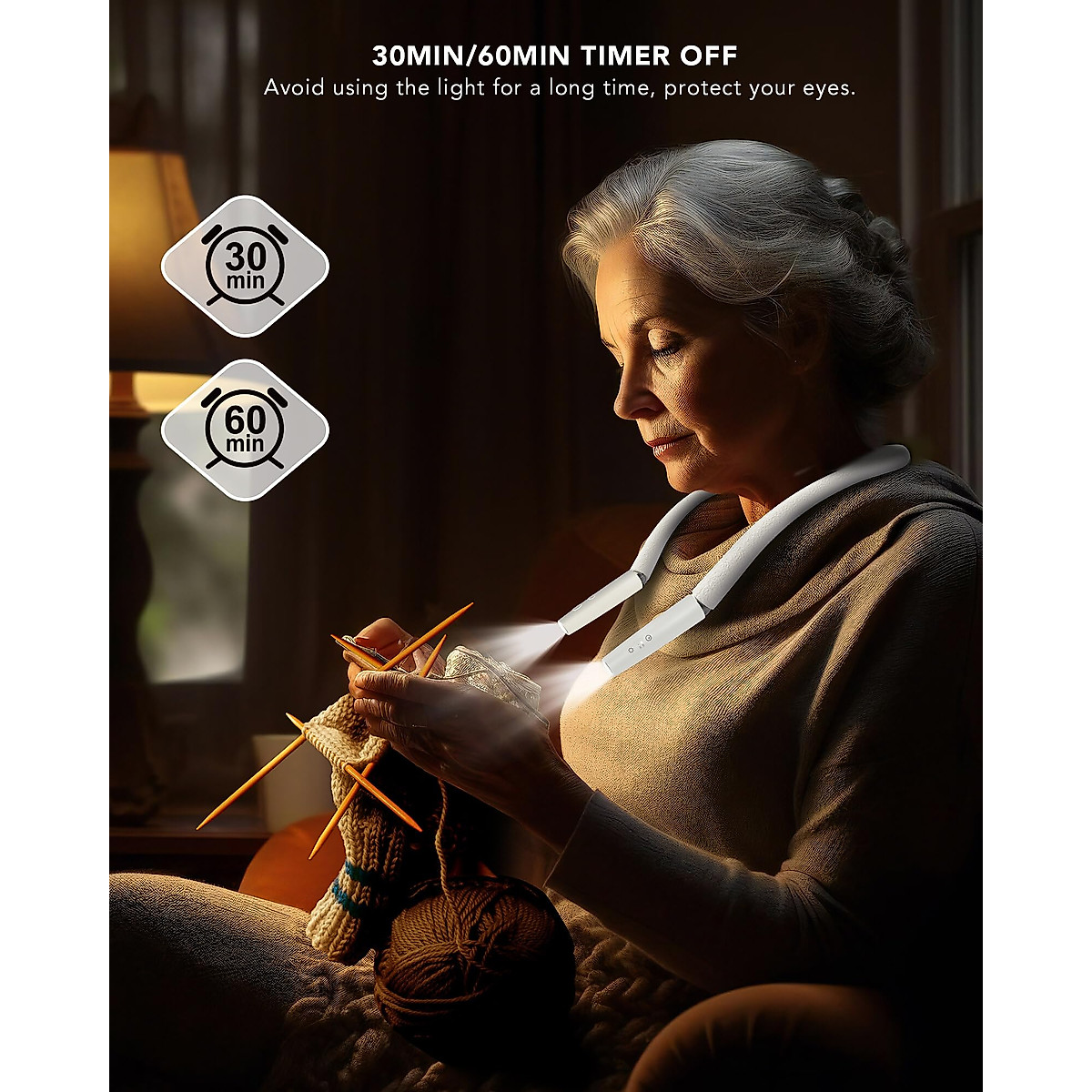 NIVAVA Neck Reading Light, Book Light for Reading in Bed [Steering Shafts Adjustment], Bendable Silicone Arm, Long Lasting LED Rechargeable Knitting Light for Camping, Repair, Crochet & Craft, White