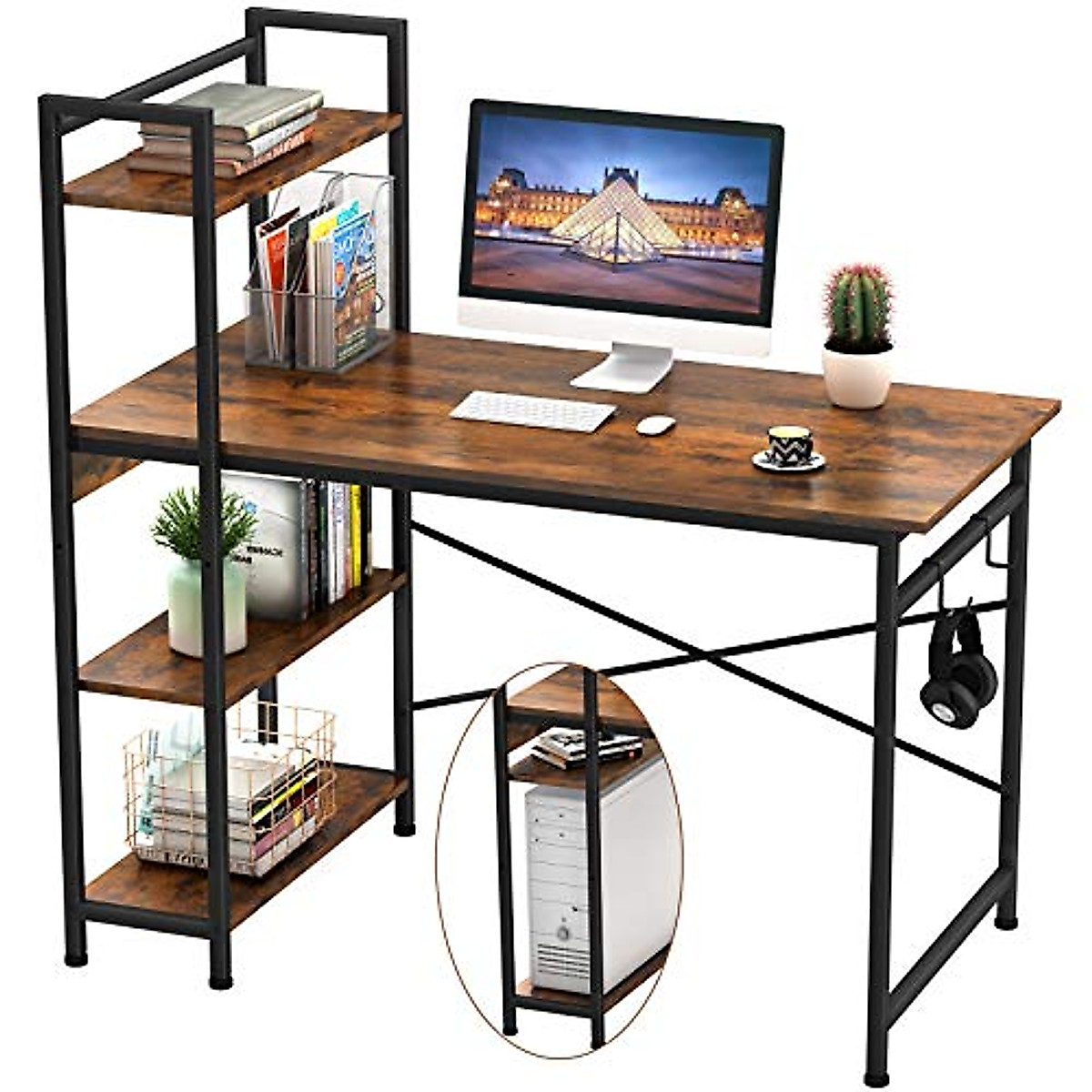 Engriy Computer Desk with 4 Tier Shelves for Home Office, 47" Writing Study Table with Bookshelf and 2 Hooks, Multipurpose Industrial Wood Desk Workstation with Metal Frame for PC Laptop, Rustic Brown