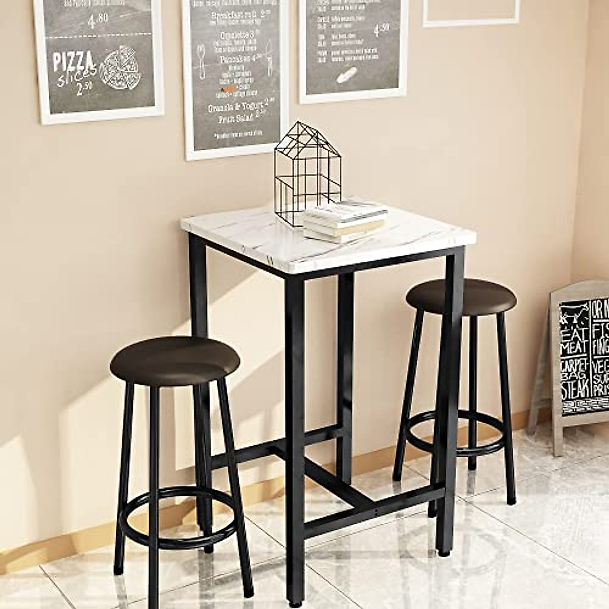 AWQM 3-Piece Dining Table and Chairs Set for Small Space, Bar Set with 1 Square Table and 2 Round Stools, Coffee Table Set for 2, Breakfast Table with Footrest and for Home & Kitchen (White)