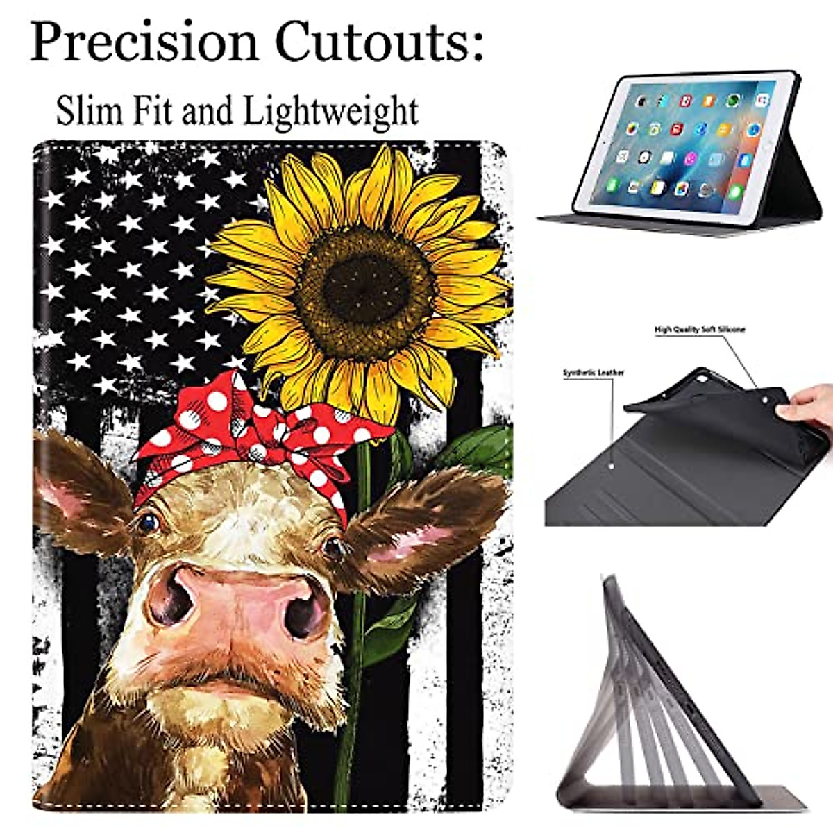 iPad Mini 6 Case, iPad Mini 2021 6th Generation Case Auto Sleep/Wake Multi-Angle Stand for iPad Mini 6th Gen 8.3 Inch , American Flag Sunflower Heifer