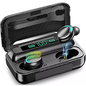 BAHASYA Wireless Bluetooth Earbuds with Digital Charging Case, Built-in Mic, Noise Cancelling, Waterproof, Deep Bass Earphones, in Ear Stereo Headphones for Sport, Gym, Gaming (Black)