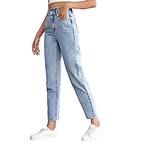 SweatyRocks Women's Casual High Elastic Waist Tapered Mom Jeans Cropped Denim Pants Light Wash Tall M