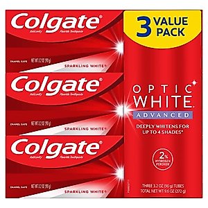 Colgate Optic White Advanced Teeth Whitening Toothpaste, 2% Hydrogen Peroxide Toothpaste, Sparkling White, 3.2 Oz, 3 Pack