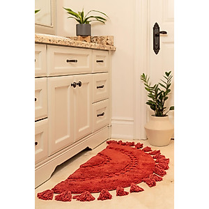 Unique Boho Rug - Half Circle Mat with Crochet Insert Detail & Tassels - 100% Cotton Boho Bathroom Rugs - Decorative Non-Slip Bohemian Rug for Bath & Bedroom - Cute Boho Decor - Paprika Red 42x22