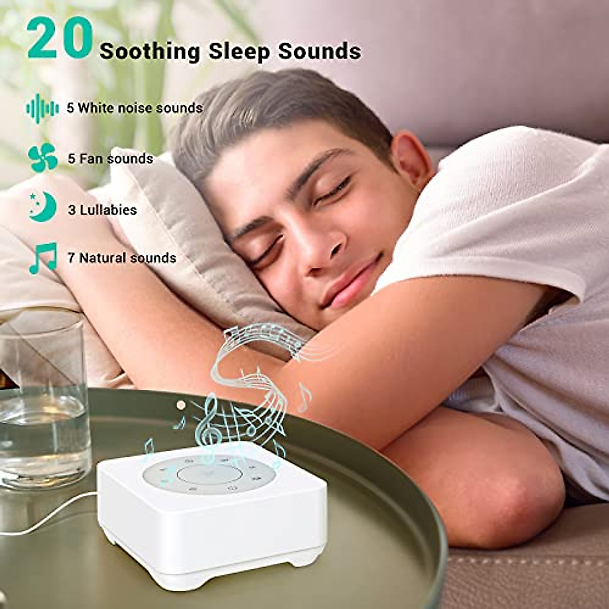 Fitniv White Noise Machine with Custom Button, 20 Natural Soothing Sounds & 32 Levels of Volume Control, Timer & Memory Feature, Plug in, Sound Machine for Baby Adults, Home & Office