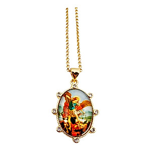 LESLIE BOULES St Michael The Archangel Pendant Necklace 18K Gold Plated Chain 18 Inches Length
