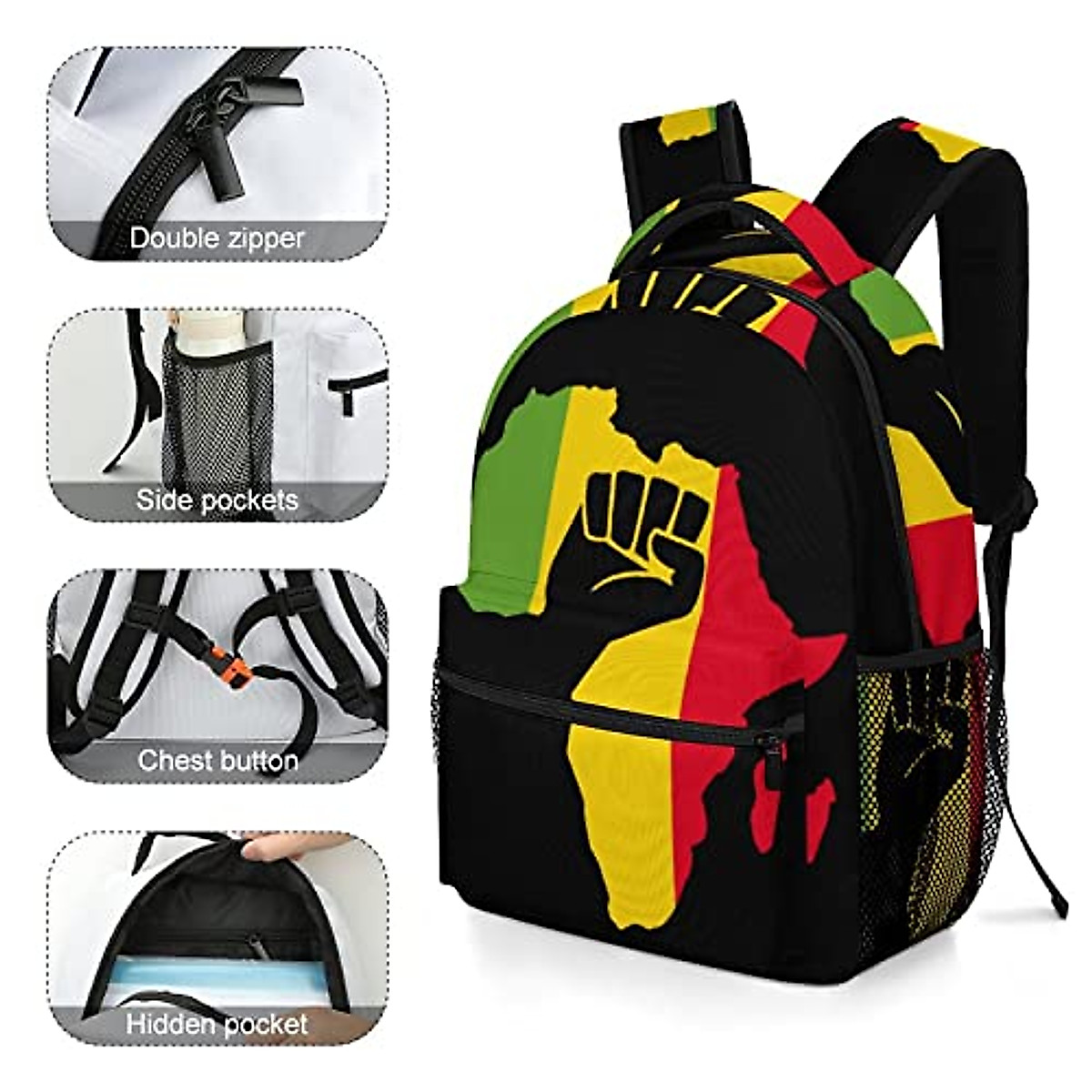 Africa Black Power Fist Map Book Bag Laptop Backpacks Travel Daypacks Unisex College Bookbags
