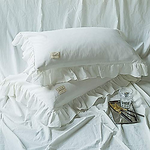 4 Pieces Vintage Stone Washed Cotton Bedding Sets Girls Princess Ruffle Duvet Cover Pillowcases Full Queen Size Bed Sheets White/Pink/Sage Green/Grey (41YS-1-White, Queen Size 4pcs)