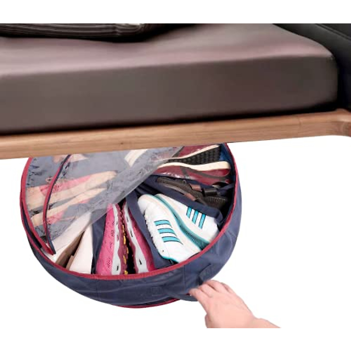 Japarismo Under Bed Shoe Storage Round Shape Organizer Sturdy Zippers Clear Cover Solution Bag Bedroom Containers Dust Shield Box (Round Navy (2 sets))