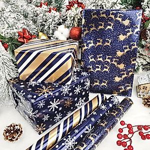 LDGOOAEL Mini Short Small Christmas Wrapping Paper Roll with Cut Lines on Reverse (17" X 120" Per Roll) - Navy Blue with Gold Foil Design for Holiday, Birthday