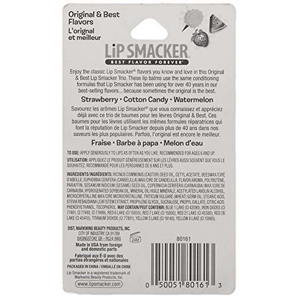 Lip Smackers Flavored Lip Balm Trio Original & Best, Strawberry Watermelon, Cotton Candy, Clear Matte, For Kids, Women, Men,3 Count (Pack of 1)