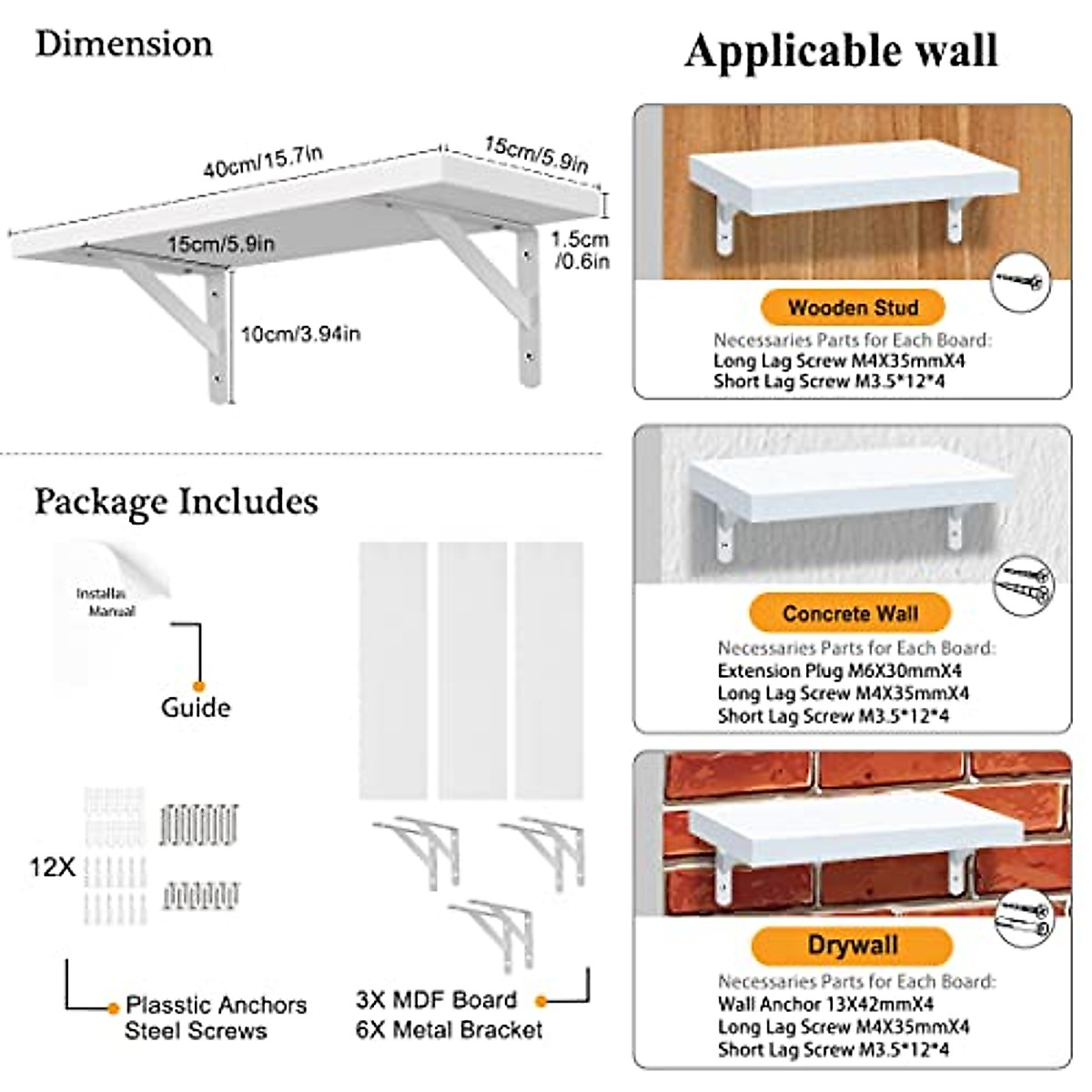 VOGGV Floating Shelves, Wall Shelves with Triangle Brackets, Wall Mounted Floating Shelf Multifunctional Storage Decor for Living-Room, Bathroom, Dining Room, Office, Bedroom, Set of 3, White