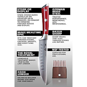DALSTRONG Steak Knife Set - 8 Piece - 5 inch Straight Edge Blade - Gladiator Series Elite - Forged High-Carbon German Steel Dinner Kitchen Knife - Red ABS Handle - Folding Block Set - NSF Certified