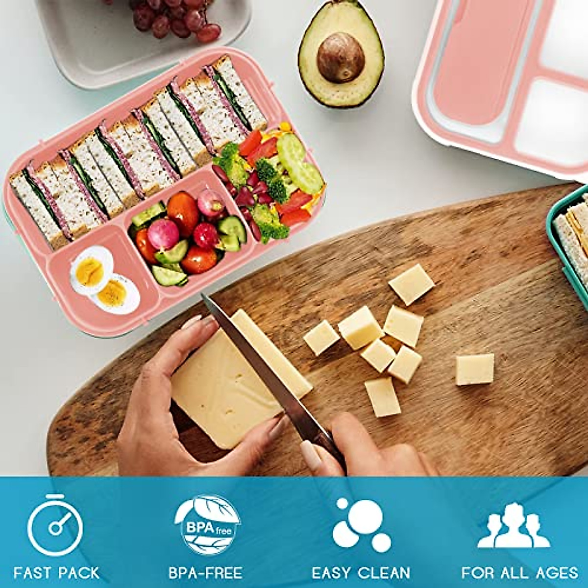 Zekloca Bento Box, 1300ML 4 Compartment Lunch Box Kids, Leak-Proof Design, Microwave/Dishwasher/Freezer Safe, BPA Free, Pink